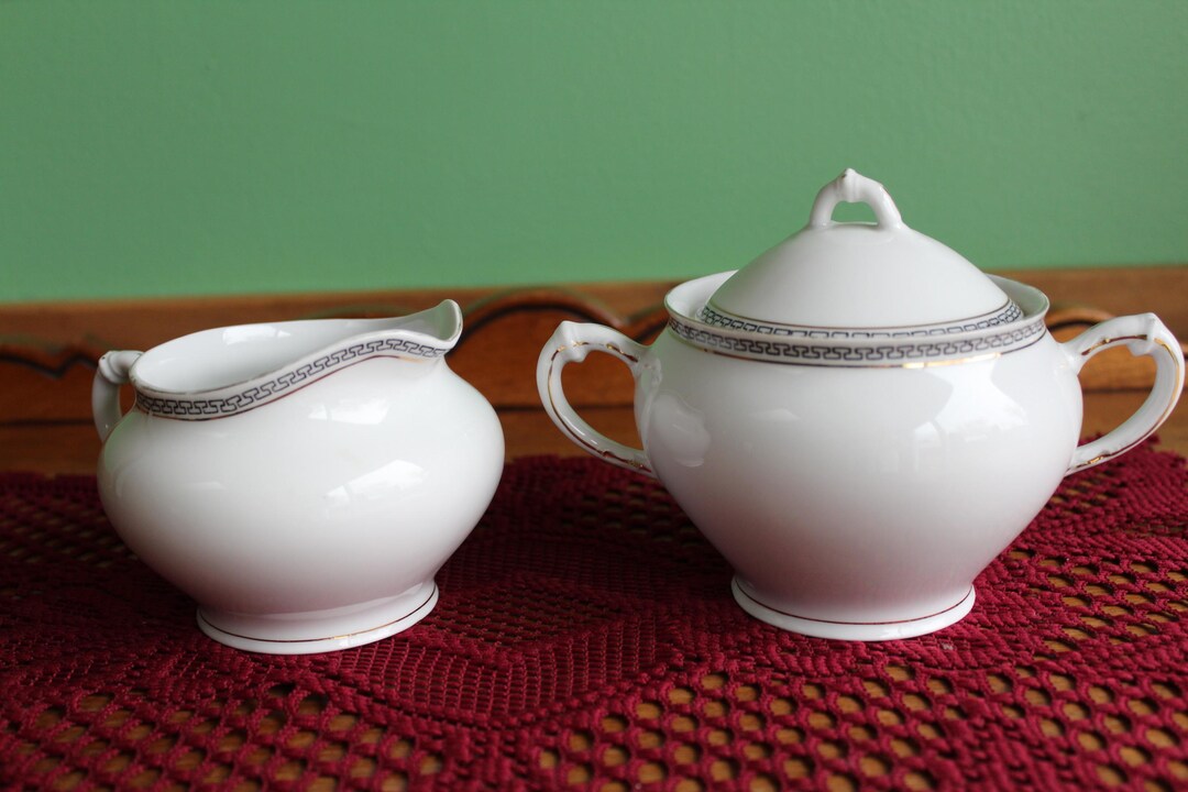 O&EG Royal Austria Cream and Sugar Bowl Greek Key Pattern Gold Trimmed ...