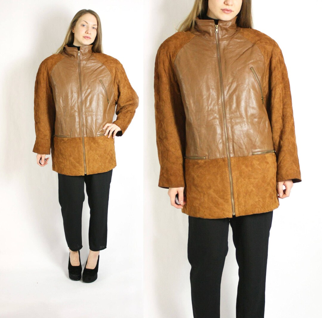 Vintage 80s Camel Brown Leather Jacket: Quilted Big Shoulder Coat (L/XL ...