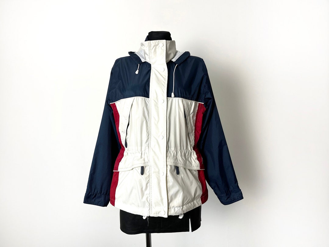Vintage 90's Colorblock Navy Blue White Drawstring Parka Jacket ...