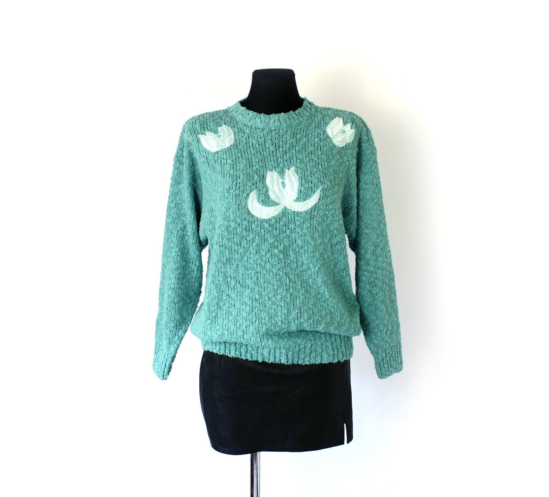 Vintage Turquoise Knit Sweater: 80s Floral Applique Pullover - Etsy