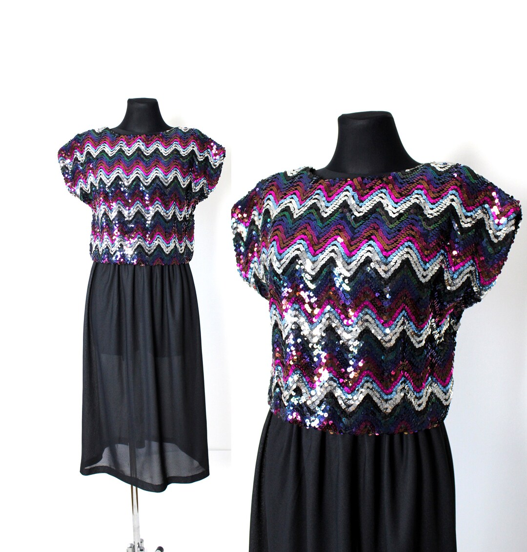 Vintage Toni Todd Sequin Dress, 70's 80's Black Multicolor Party Disco ...
