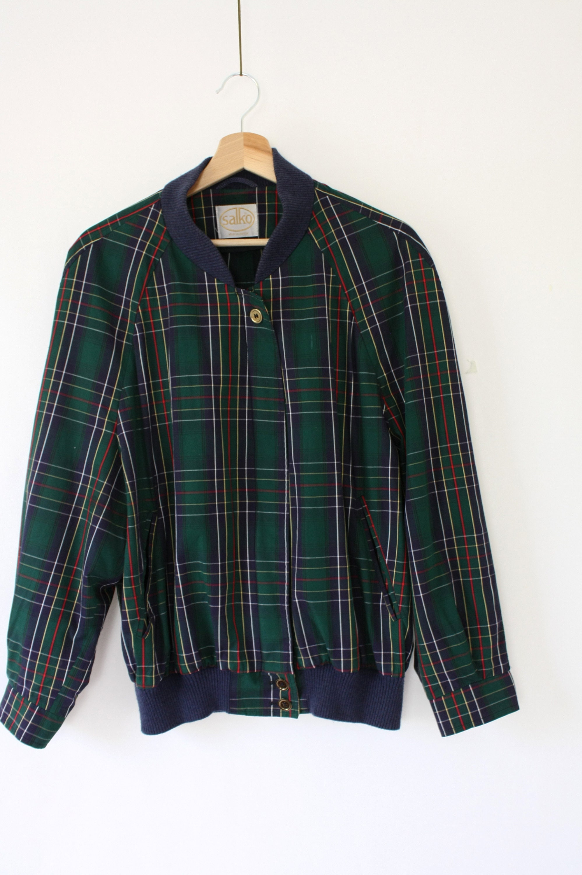 Vintage 80's Green Plaid Bomber, Women Tartan Light Jacket Vintage 80's Green Plaid Bomber, Women Tartan Light Jacket