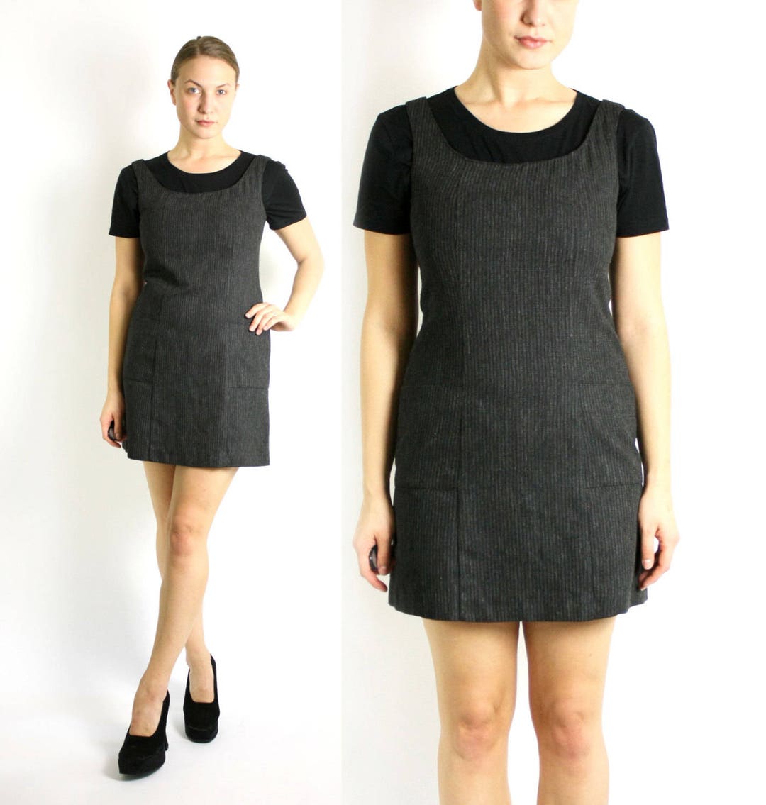Vintage 90's Grey Striped Secretary Sleeveless Mini Pencil Dress - Size ...