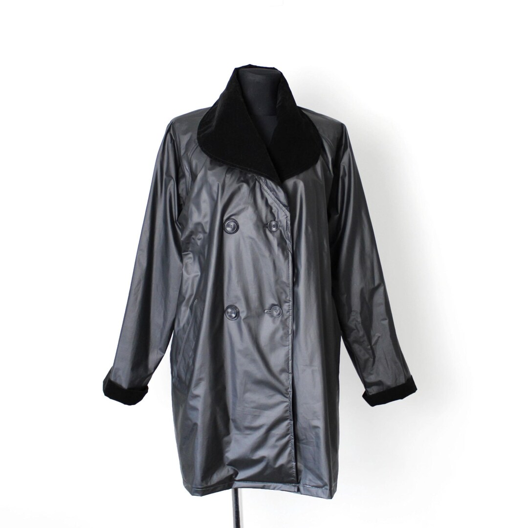 Vintage 90s Black PVC Double Breasted Raincoat - Size Medium - Etsy