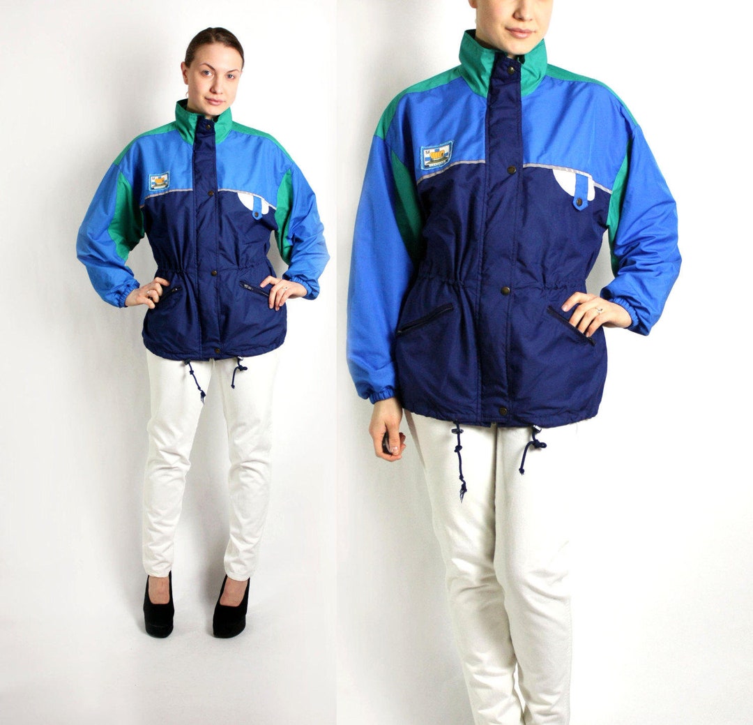 Vintage 80's Colorblock Navy Blue Green Drawstring Parka Jacket ...