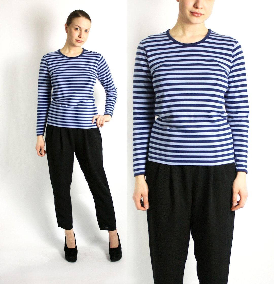 MARIMEKKO 90's Navy Blue Striped Sailor Top Blouse Round Neckline With ...