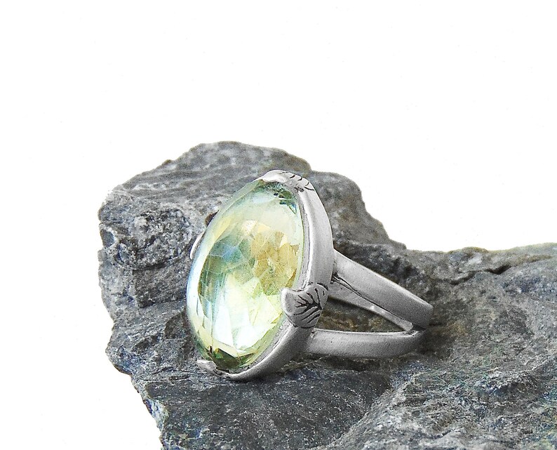 Green Amethyst Ring in Sterling Silver Leaf Setting | Etsy