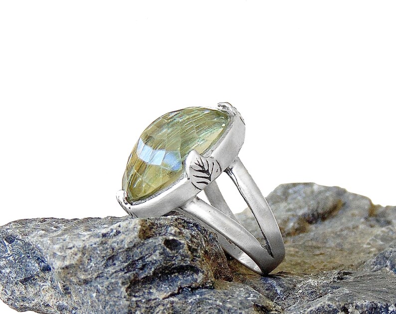 Green Amethyst Ring in Sterling Silver Leaf Setting | Etsy