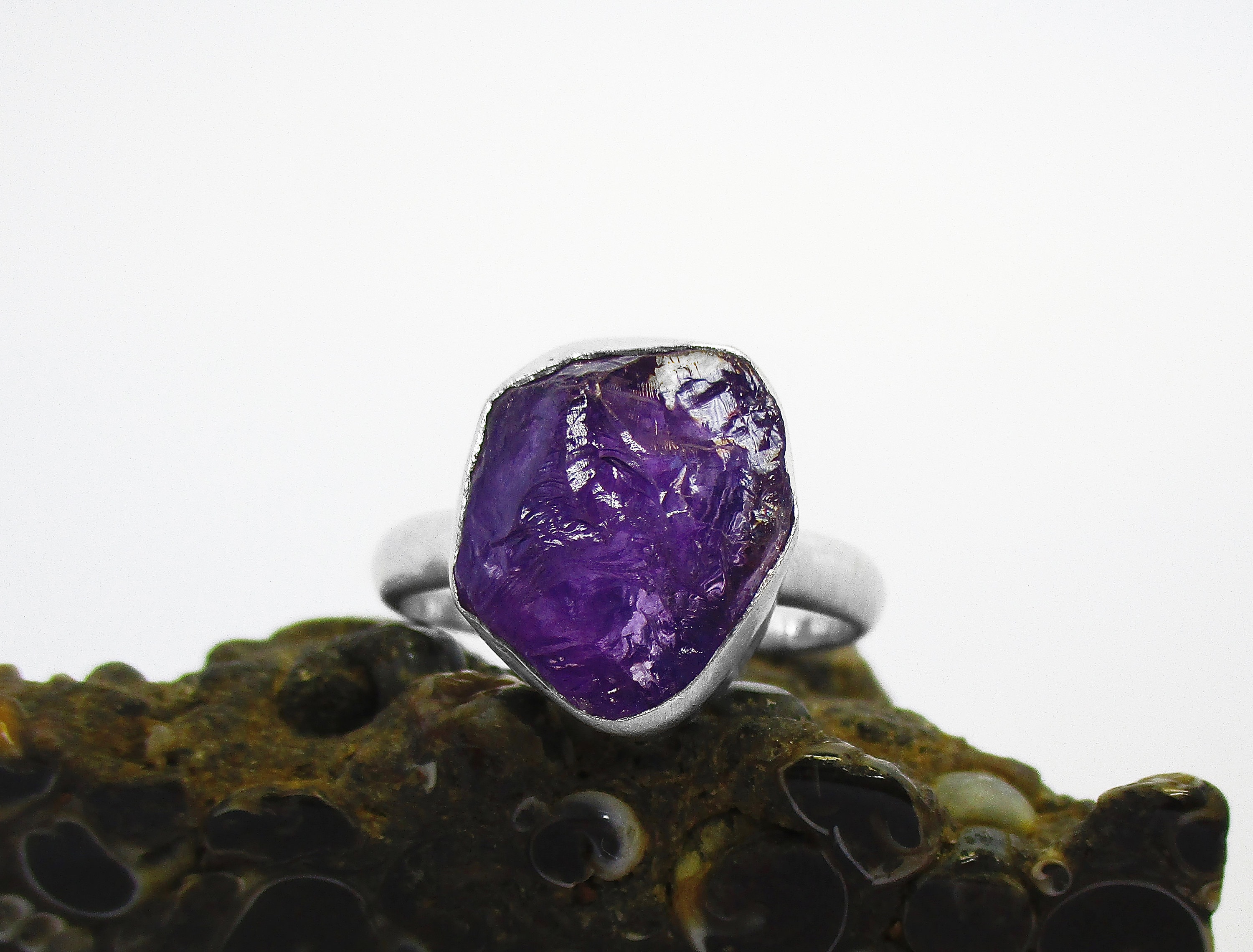 Raw Amethyst Ring in Sterling Silver - Satin Finish - Rough Purple ...