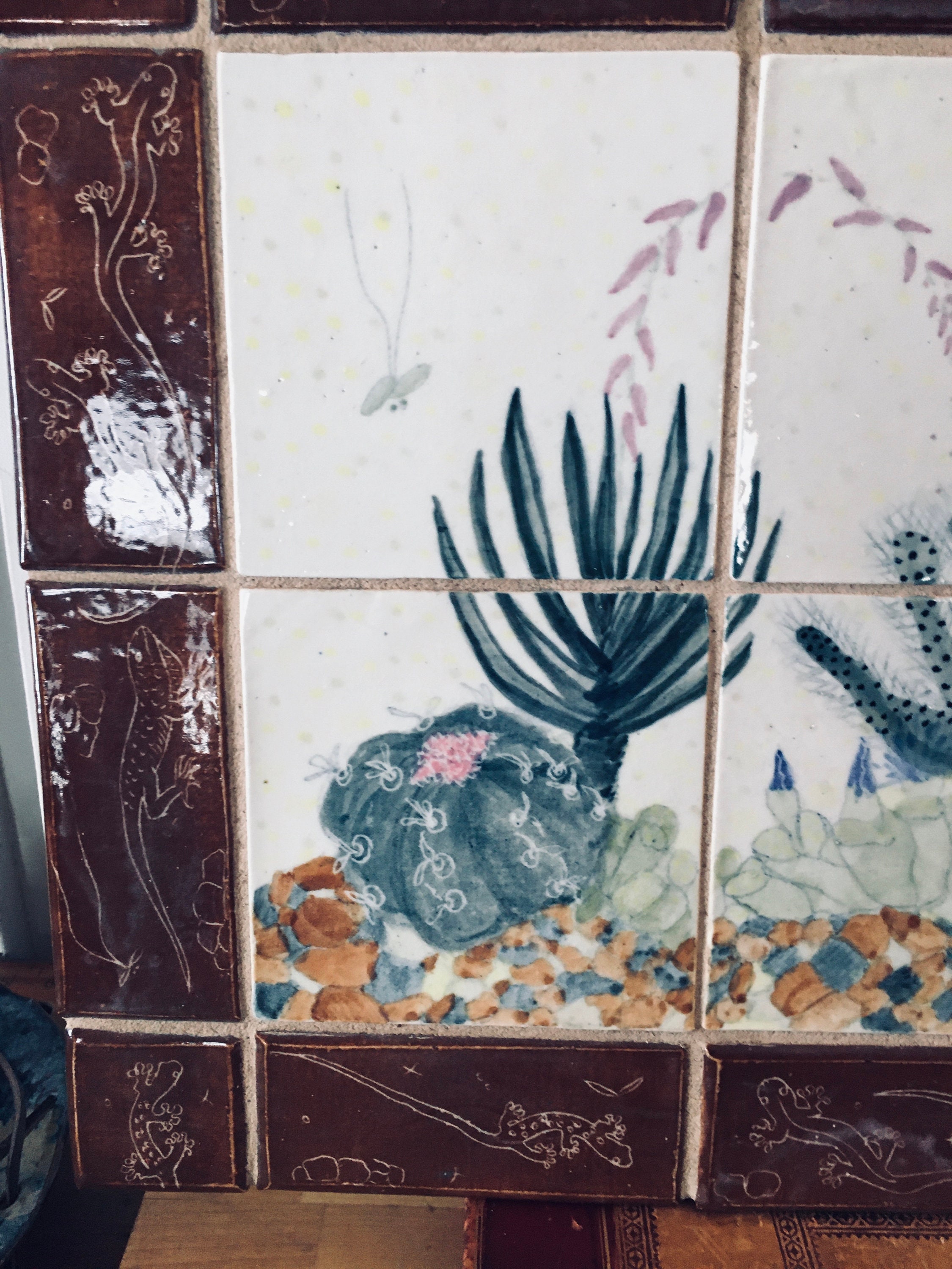 Vintage Hand Painted Cactus & Desert Flowers - Tile Picture - Original ...