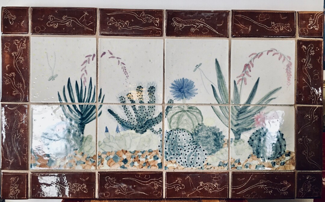 Vintage Hand Painted Cactus & Desert Flowers - Tile Picture - Original ...
