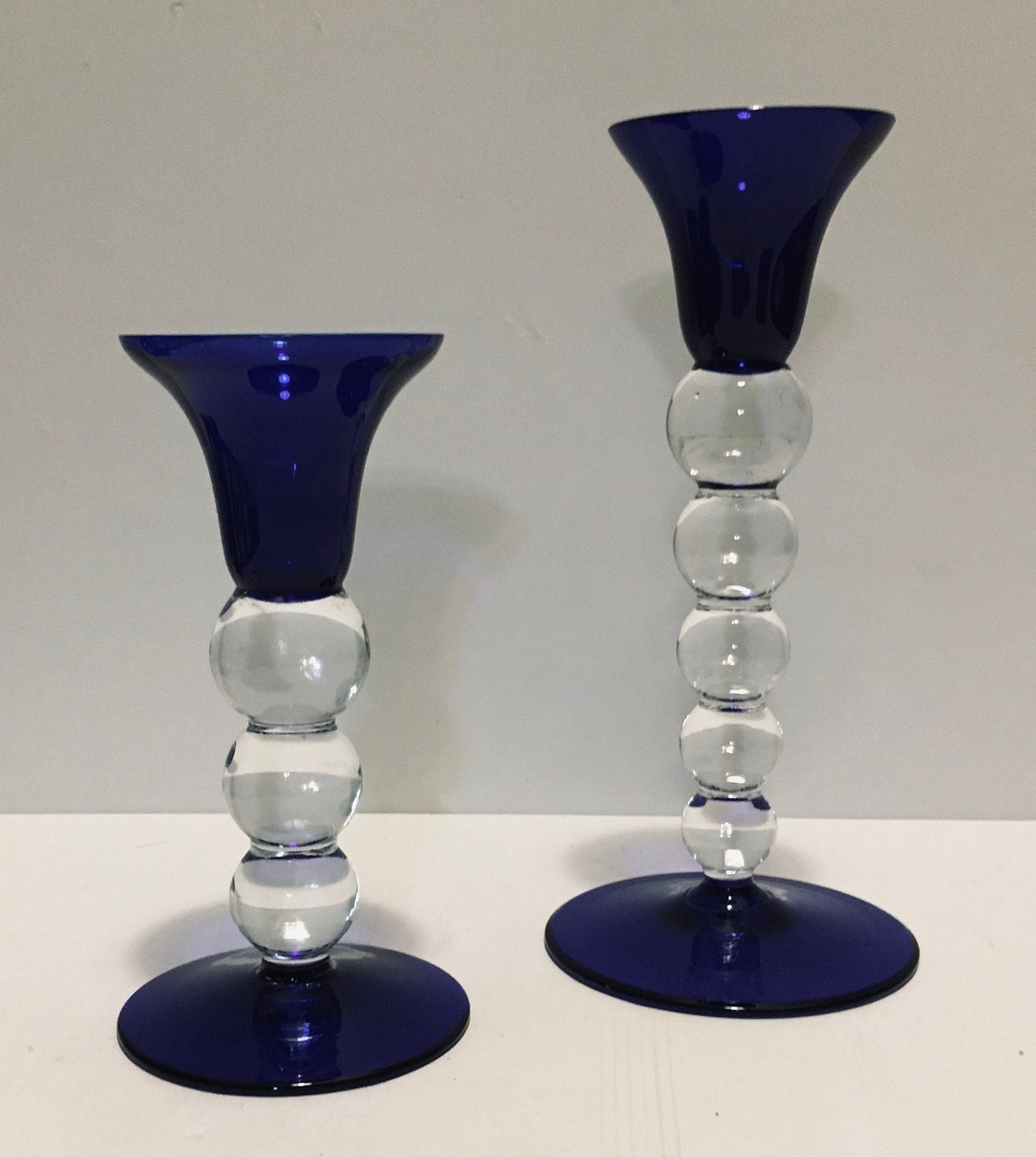 Vintage Royal Blue and Clear Blown Glass Candle Sticks - Art Glass - Etsy