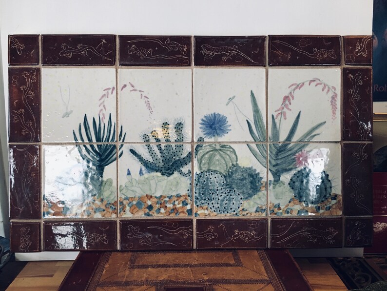 Vintage Hand Painted Cactus & Desert Flowers - Tile Picture - Original ...