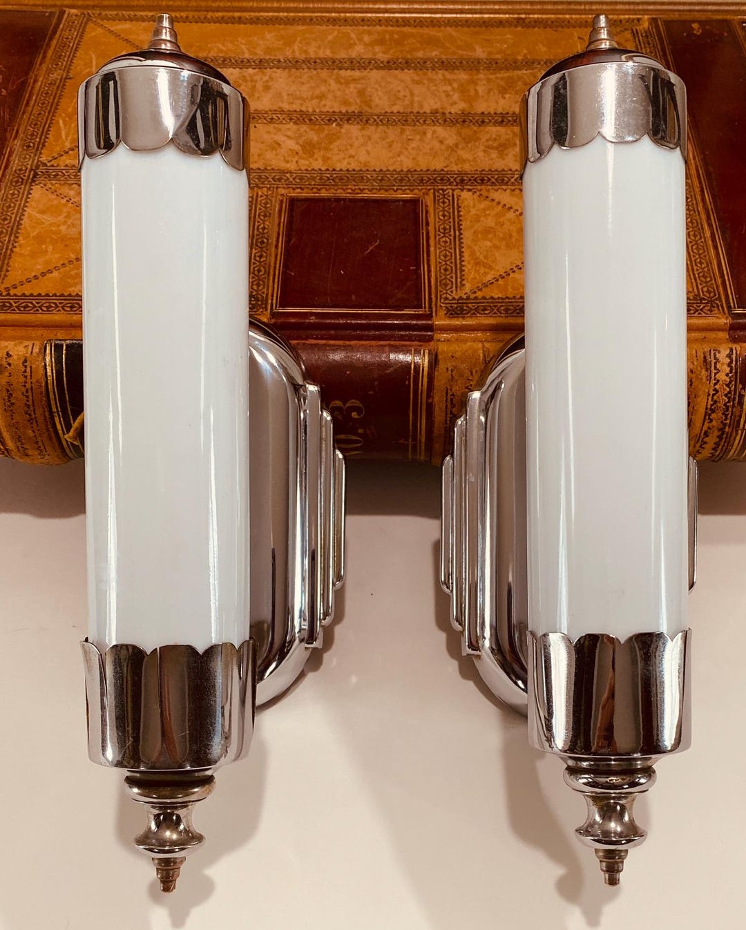 Pair of Art Deco Wall Lights - Milk Glass Shades - Chrome Plated - Mid ...