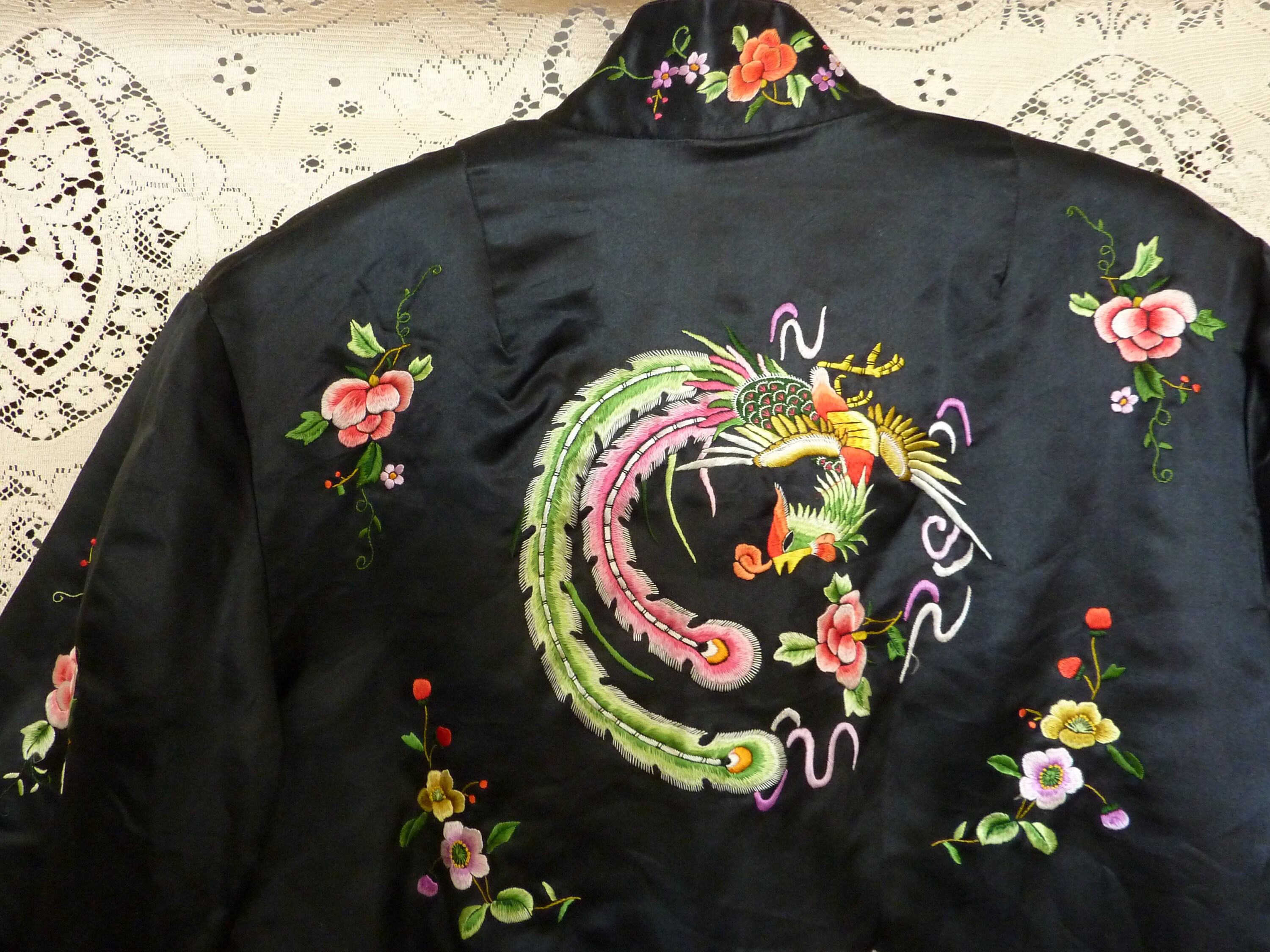 Black Chinese Robe Silk Vintage Embroidered Phoenix Golden Bee - Etsy