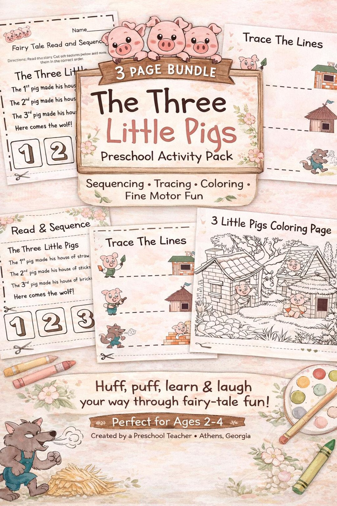 3 Little Pigs, Activity, Preschool, Pre-k, Digital File, Printable ...