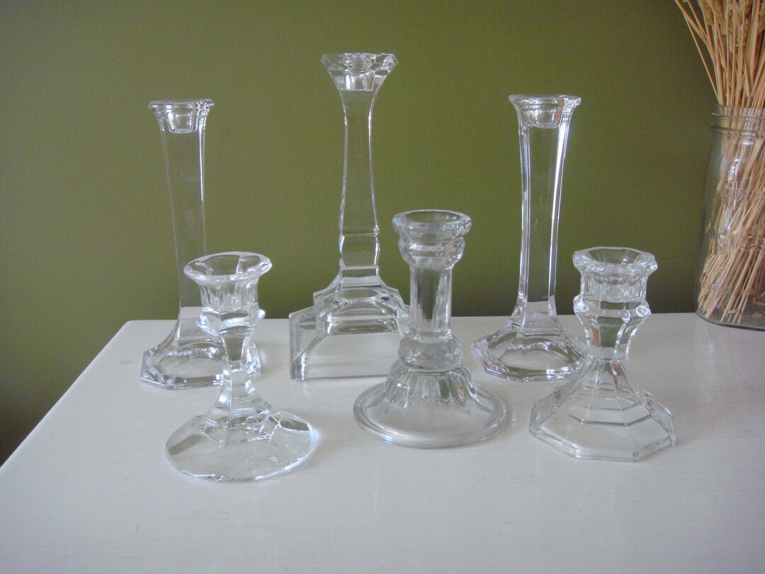 Vintage Clear Glass Candle Holders - Set of 6 - Mismatched Candlesticks ...