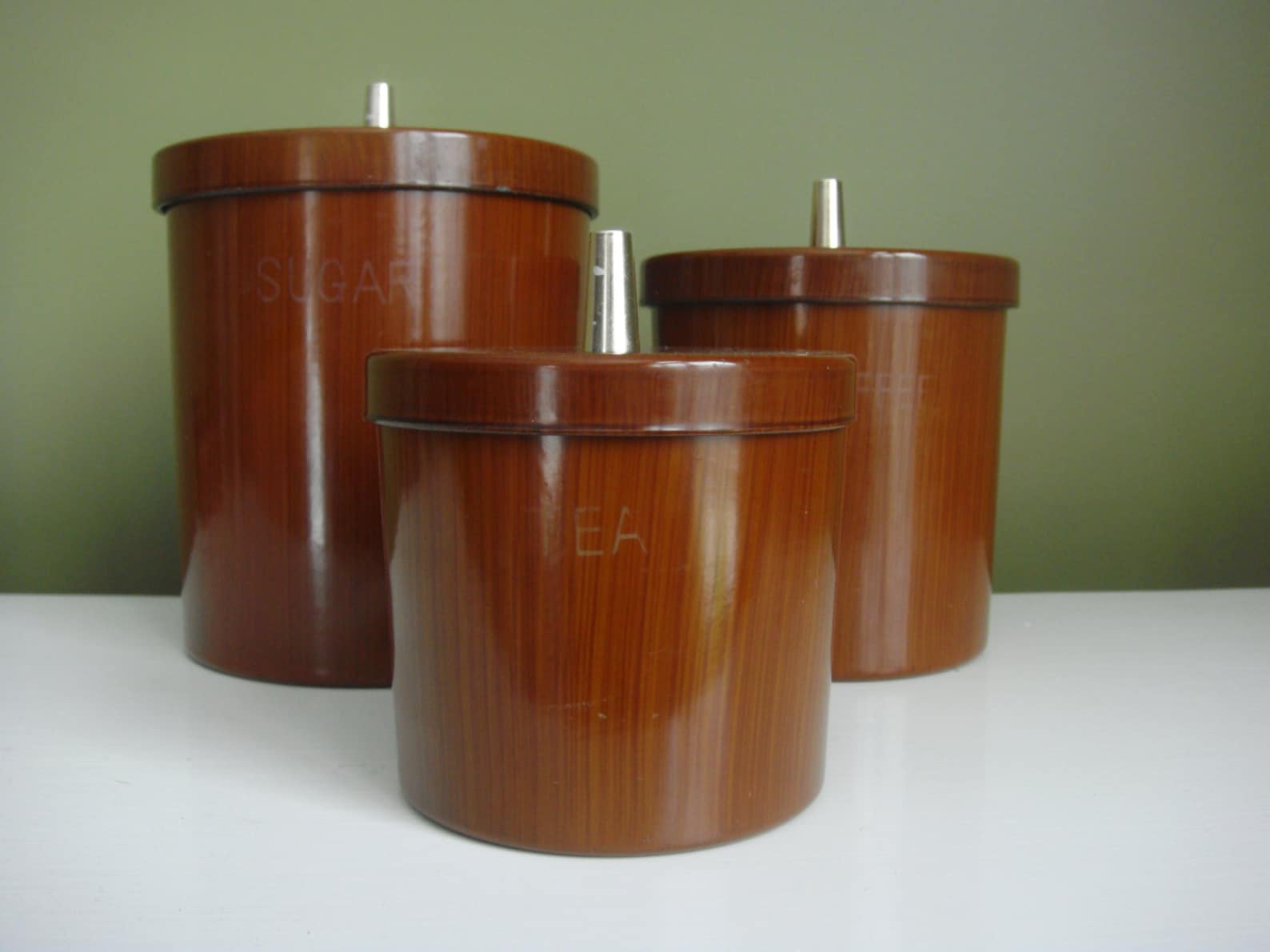 Vintage Canister Set 3PC Mid Century Kitchen Canisters Faux Wood Grain ...