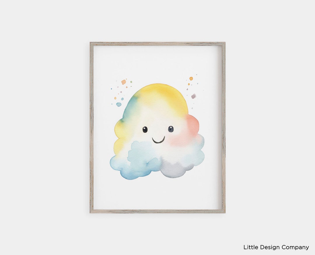 Cheerful Rainbow Cloud Art - Happy Cloud Watercolor - Kids Room Decor ...