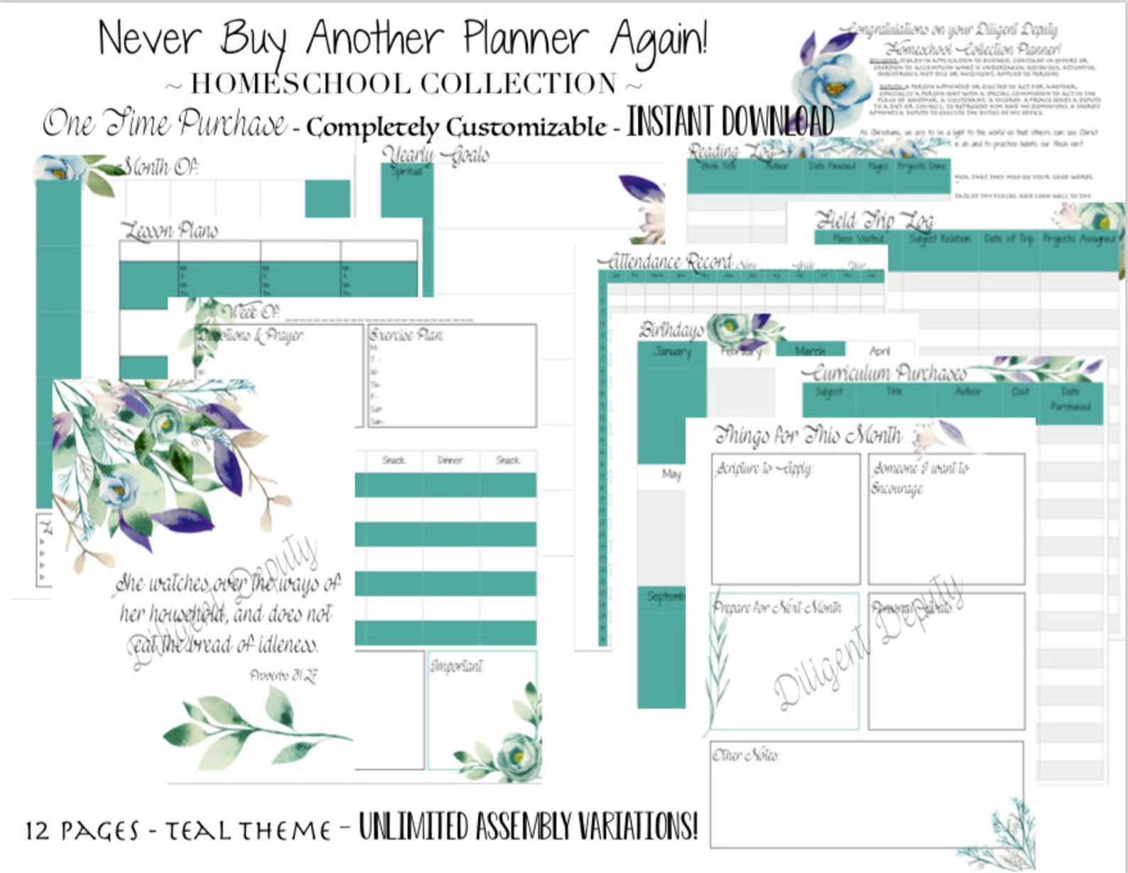 Customizable Christian Homeschool Planner Download Printable TEAL ...