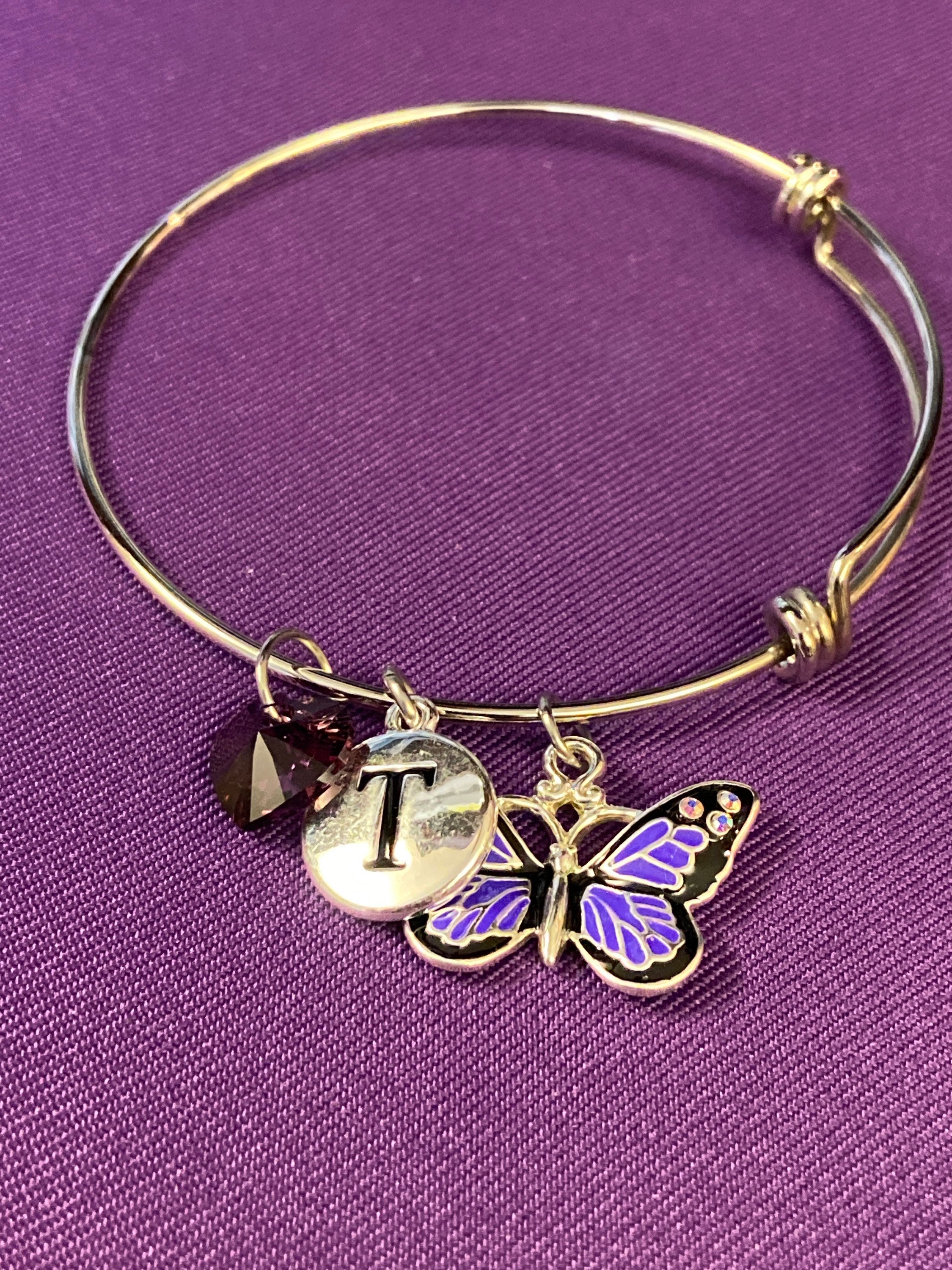 Purple Butterfly Charm Bangle Bracelet Initial & Crystal - Etsy Singapore