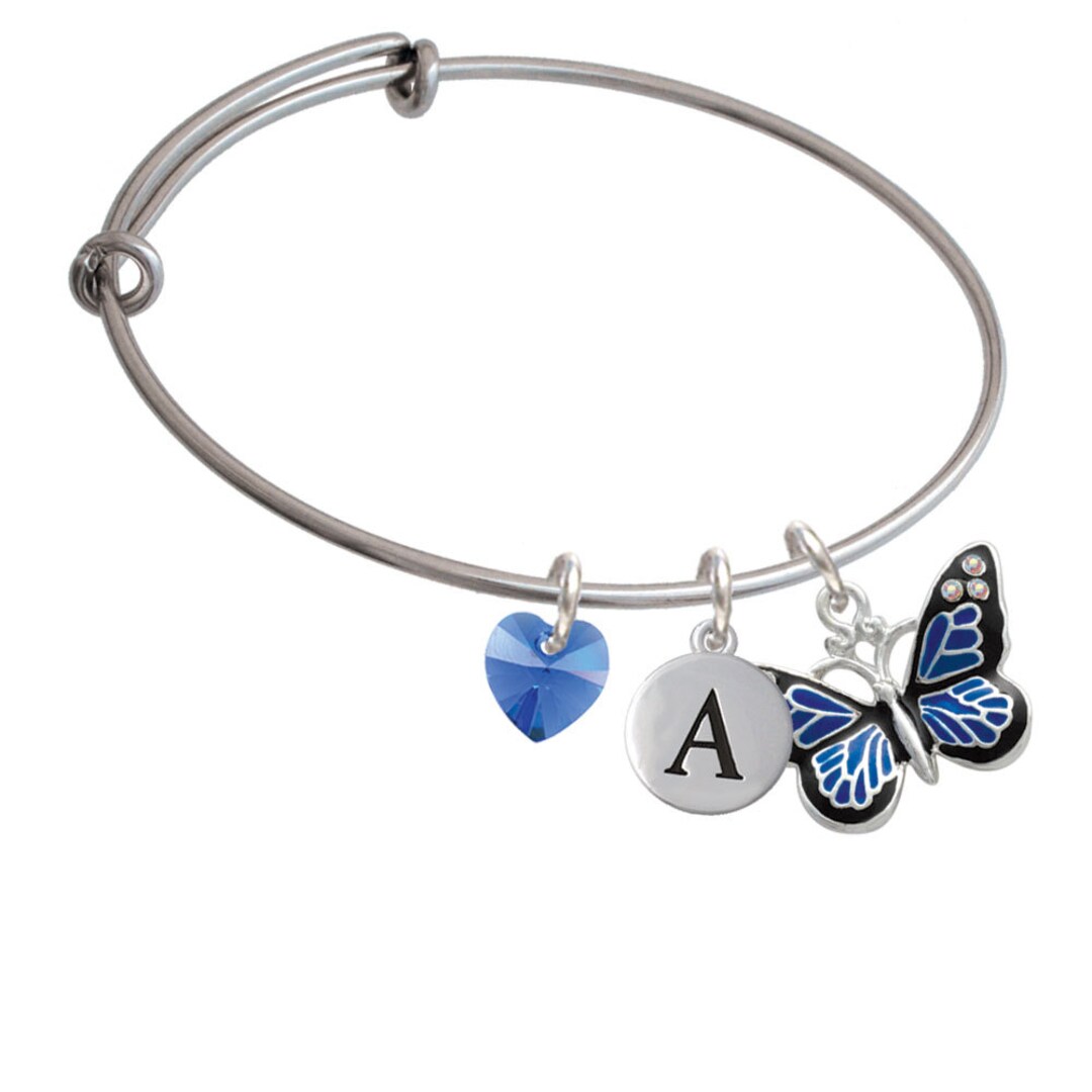 Blue Butterfly Charm Bangle Bracelet - Initial & Crystal Heart - Silver ...