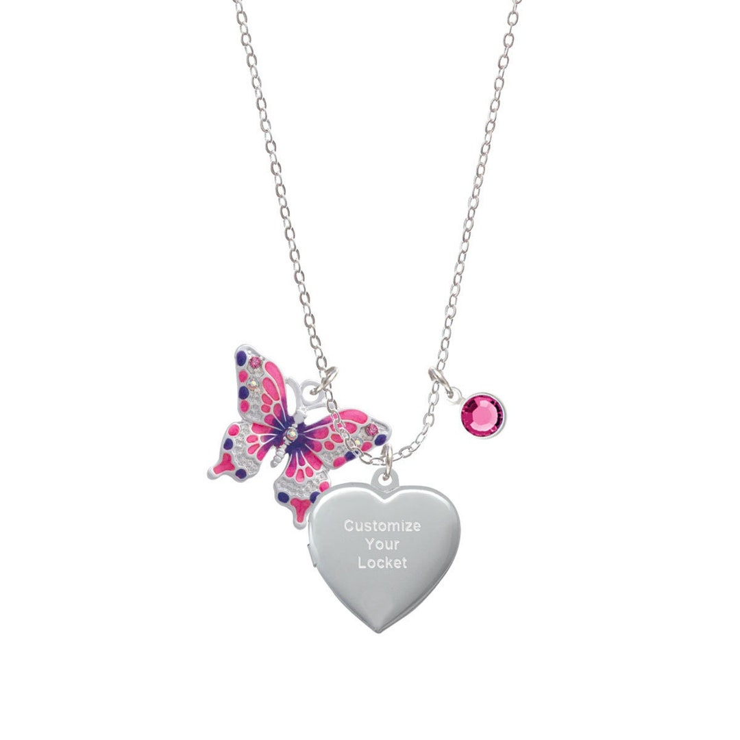 Hot Pink Butterfly Heart Locket Necklace, Personalized Locket, Engraved ...