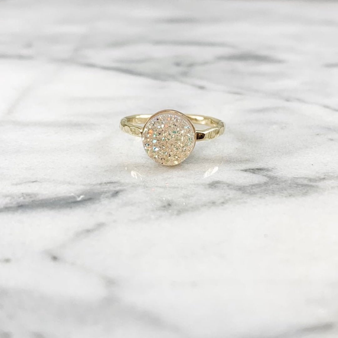 White Druzy Ring, Round Druzy Jewelry, Hammered Ring, Stacking Ring ...