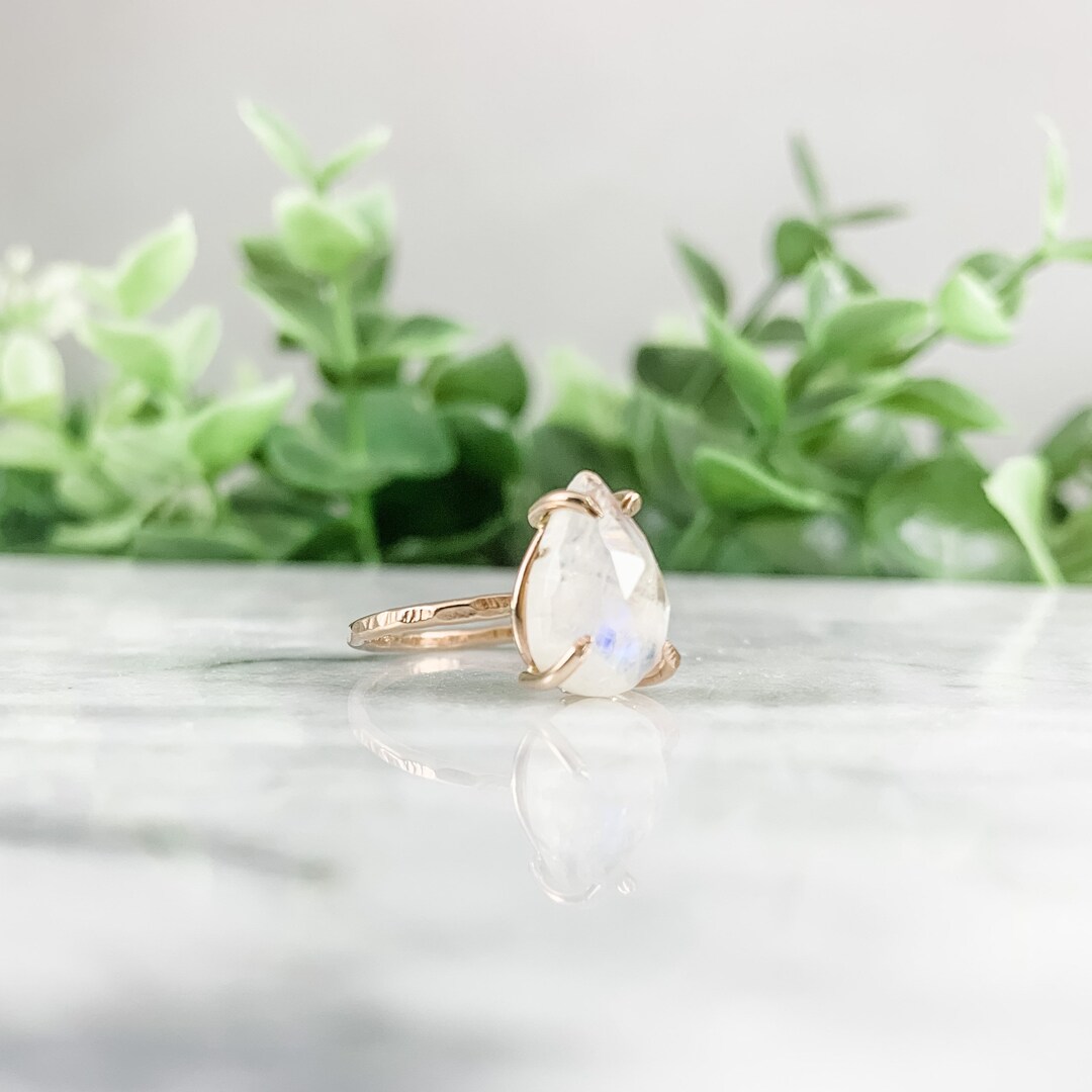 Rainbow Moonstone Pear Engagement Ring, Rose Gold Moonstone, Rose Cut ...