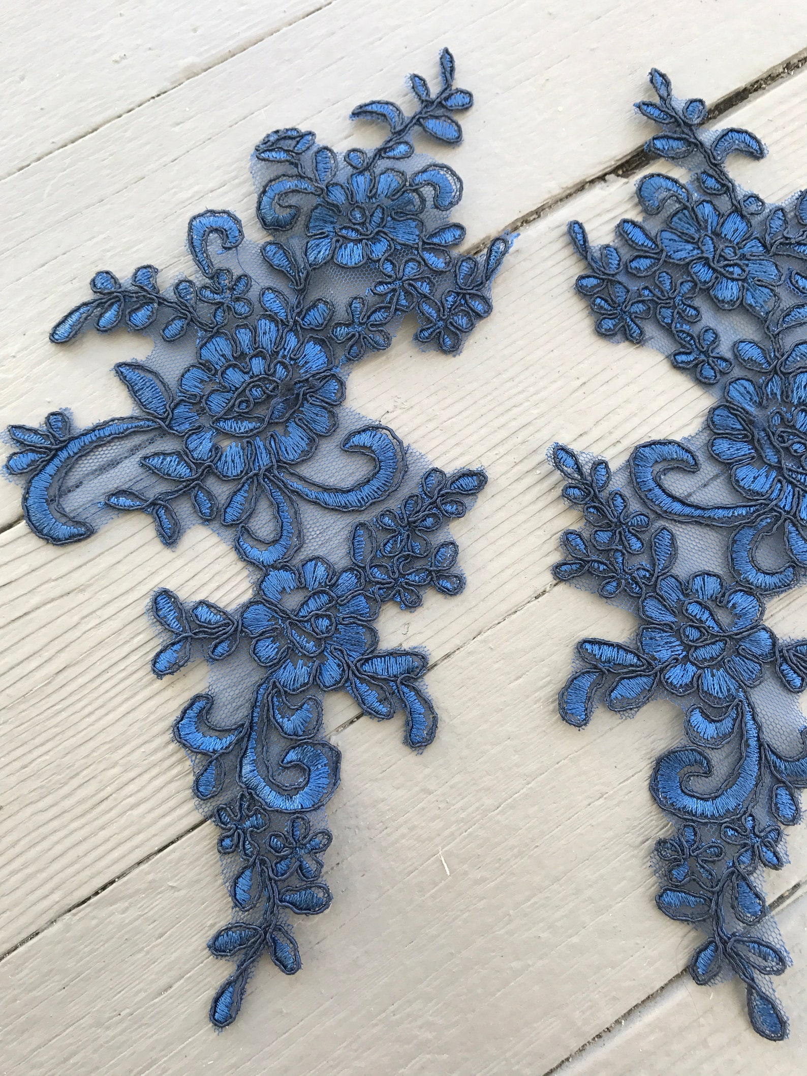 Navy Lace Appliques: Embroidered Floral Wedding Dress Embellishments ...