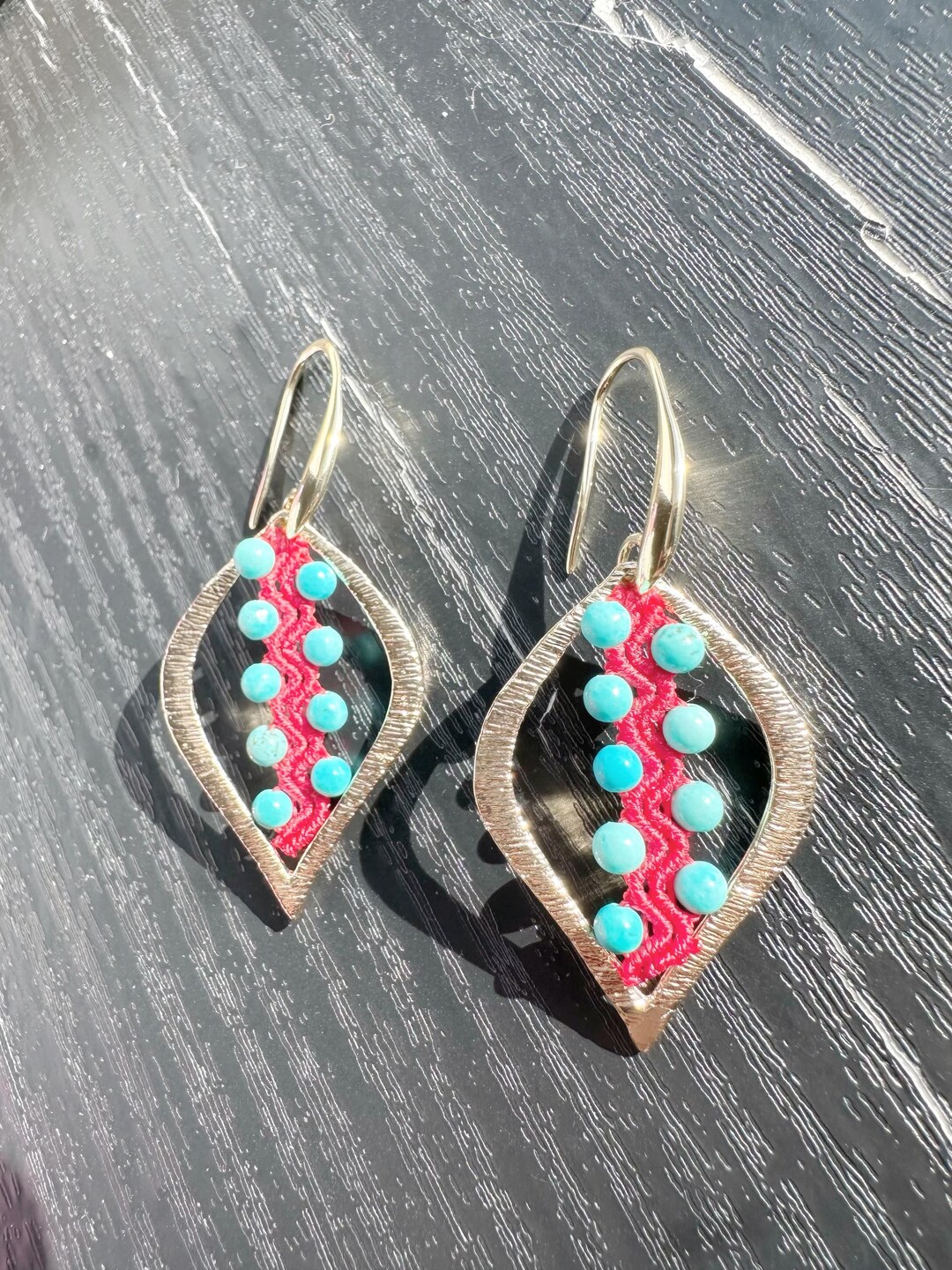 Red Cord String Made Macrame Earrings, With 3mm Turquoise Beads and 18K ...