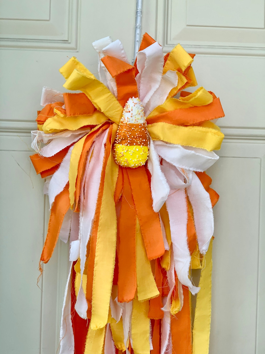 Rag Bow, Halloween Rag Bow, Candy Corn Bow, Shabby Chic Bow for Wreath ...