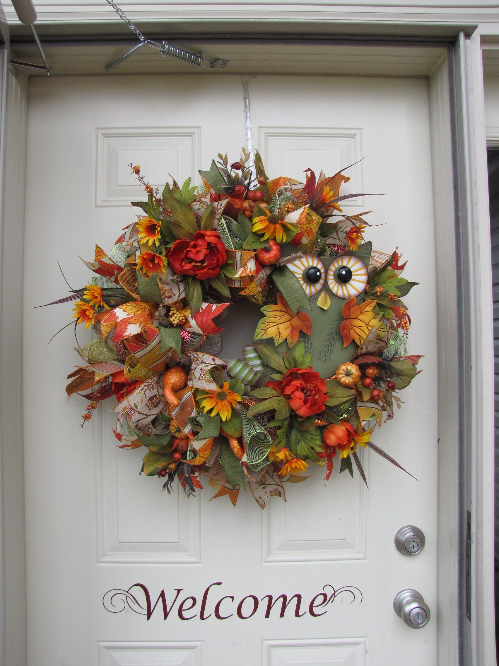 Owl Fall Wreath Thanksgiving Wreath Deco Mesh Wreath Front | Etsy