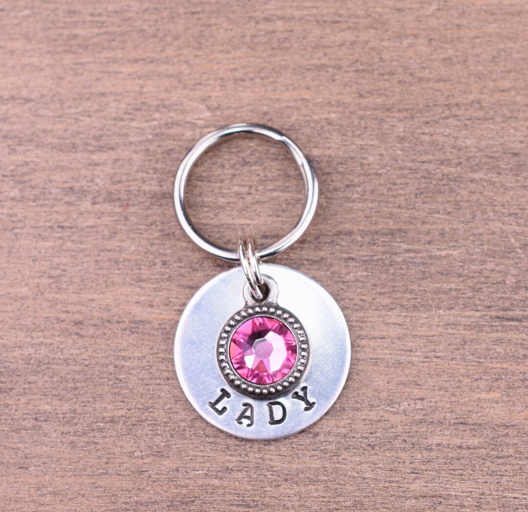 Small Dog Tag With a Pink Crystal, Custom Dog Id Tag, Crystal Cat Tag ...