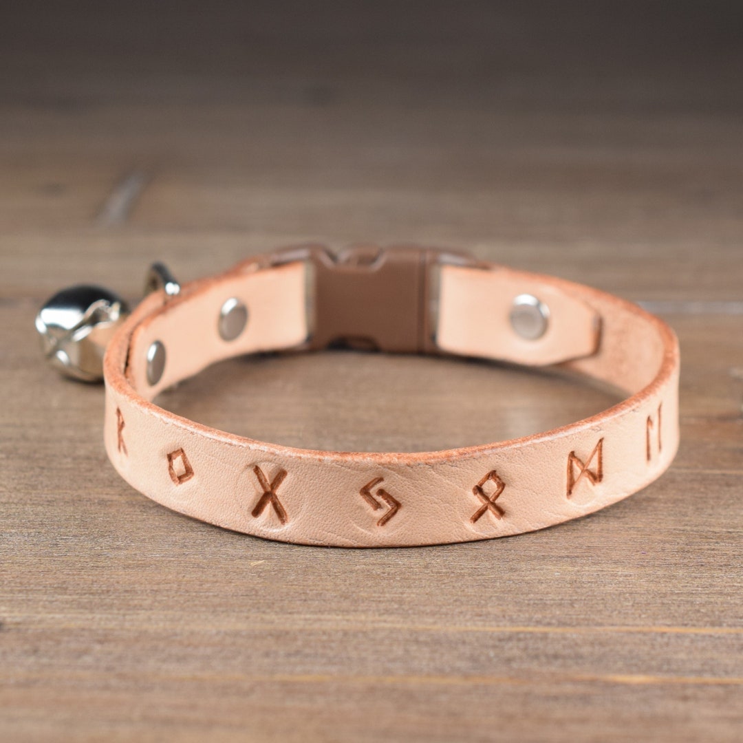 Norse Runes Leather Cat Collar in Natural Leather, Custom Cat Collars ...