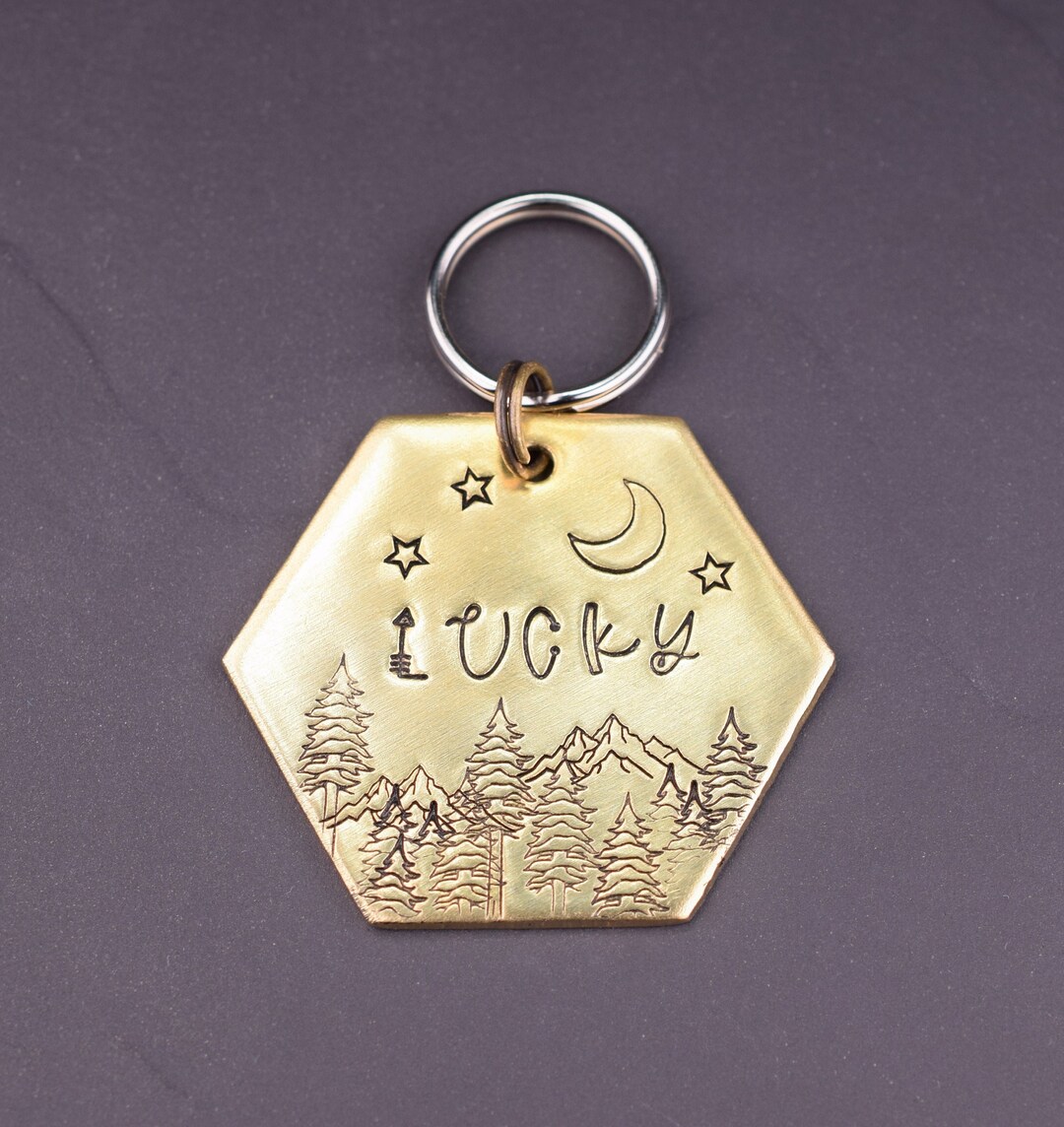 Large Personalized Mountains and Trees Dog Tag, Hand Stamped Hexagon ...