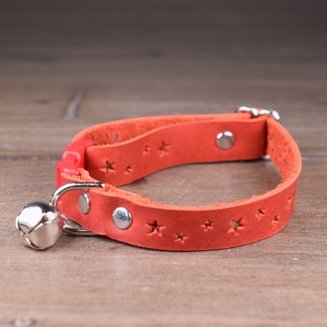 Red Leather Cat Collar With Whimsical Stars, Breakaway Cat Collar With ...