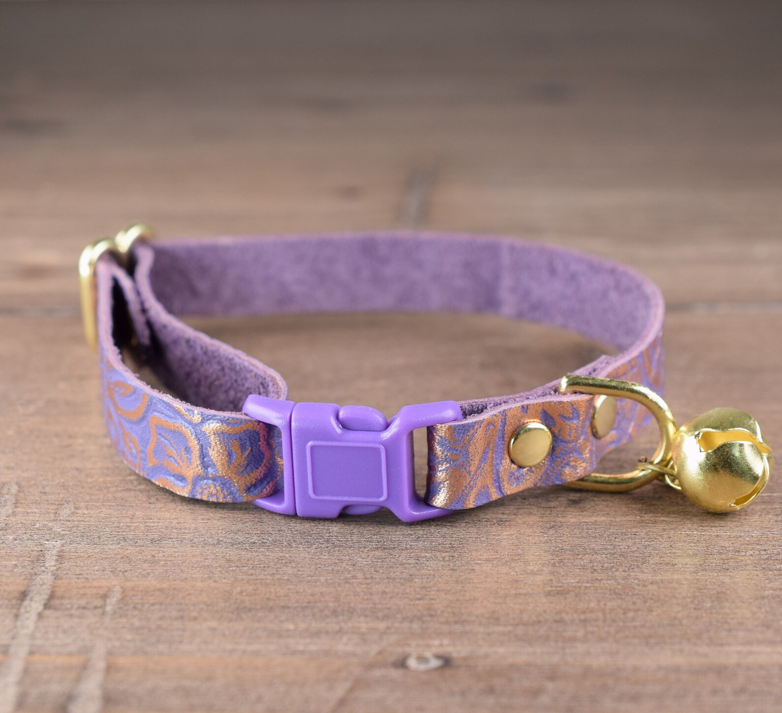 Leather Cat Collar Floral Purple And Rose Gold Leather Collar For Cats