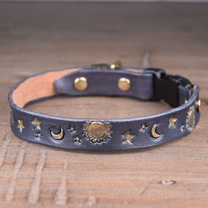 Celestial Leather Cat Collar With Suns Moons and Stars, Unique ...