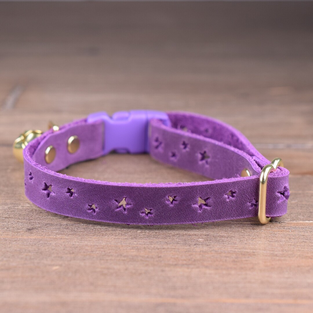 Purple Leather Cat Collar With Whimsical Stars, Breakaway Cat Collar ...