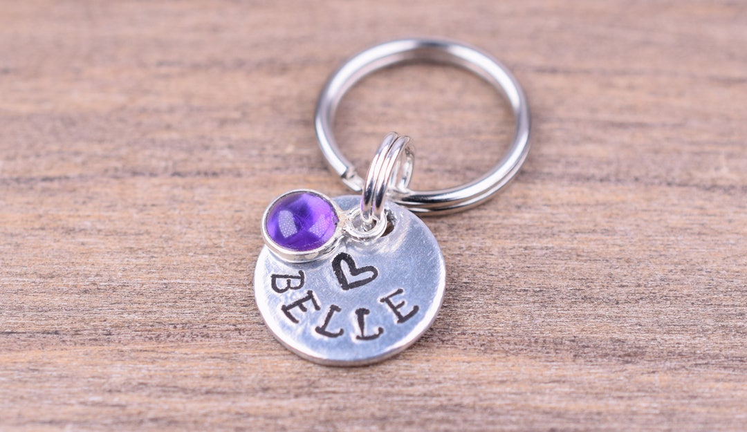 Tiny Pet Id Tag With an Amethyst Charm, Hand Stamped Cat Tag With Name ...