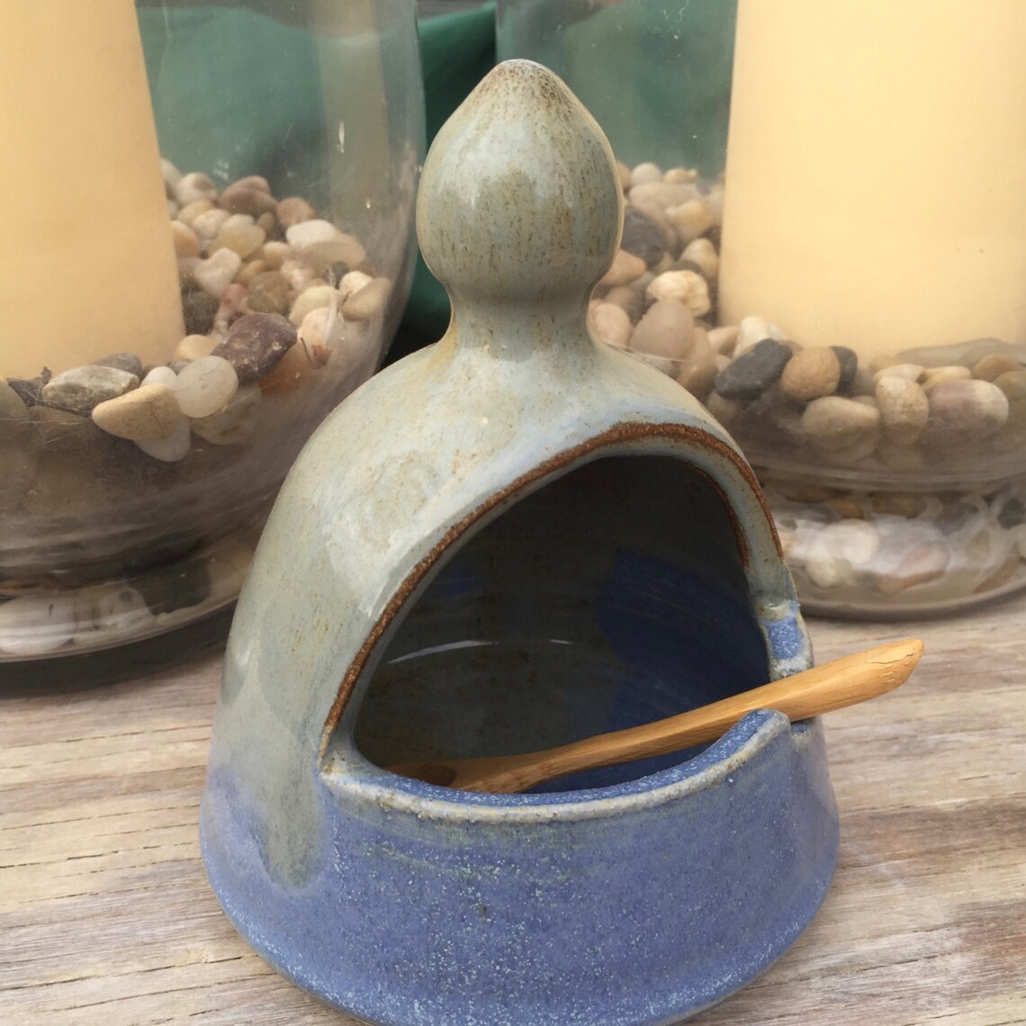 Salt Pig Salt Cellar Large Soft Blue and Cappuccino | Etsy