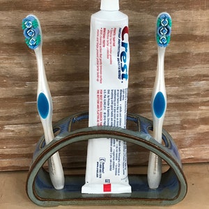 Toothbrush Toothpaste Holder Lapis Blue and Cappuccino Brown 2 Brushes ...