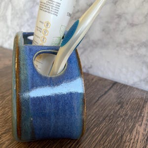 Toothbrush - Toothpaste Holder Lapis Blue and Cappuccino Brown- 2 ...