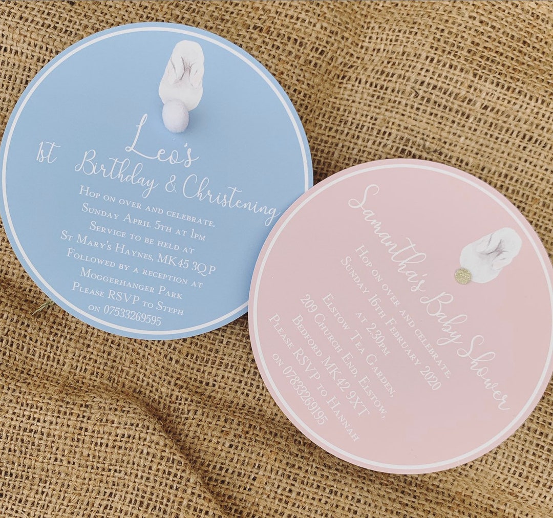 Adorable Bunny Round Invitations Childrens Birthday Christening Baby ...