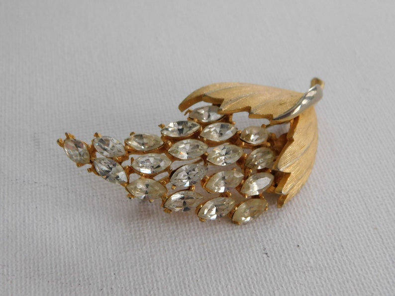 Brushed Gold Clear Rhinestone Leaf Stem Brooch Pin Signed BSK - Etsy