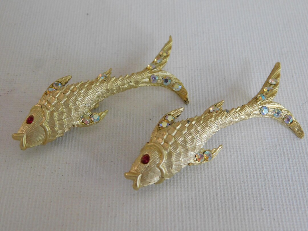 Gold Swimming Red Eye AB Rhinestone Fish Brooch Lot - Etsy