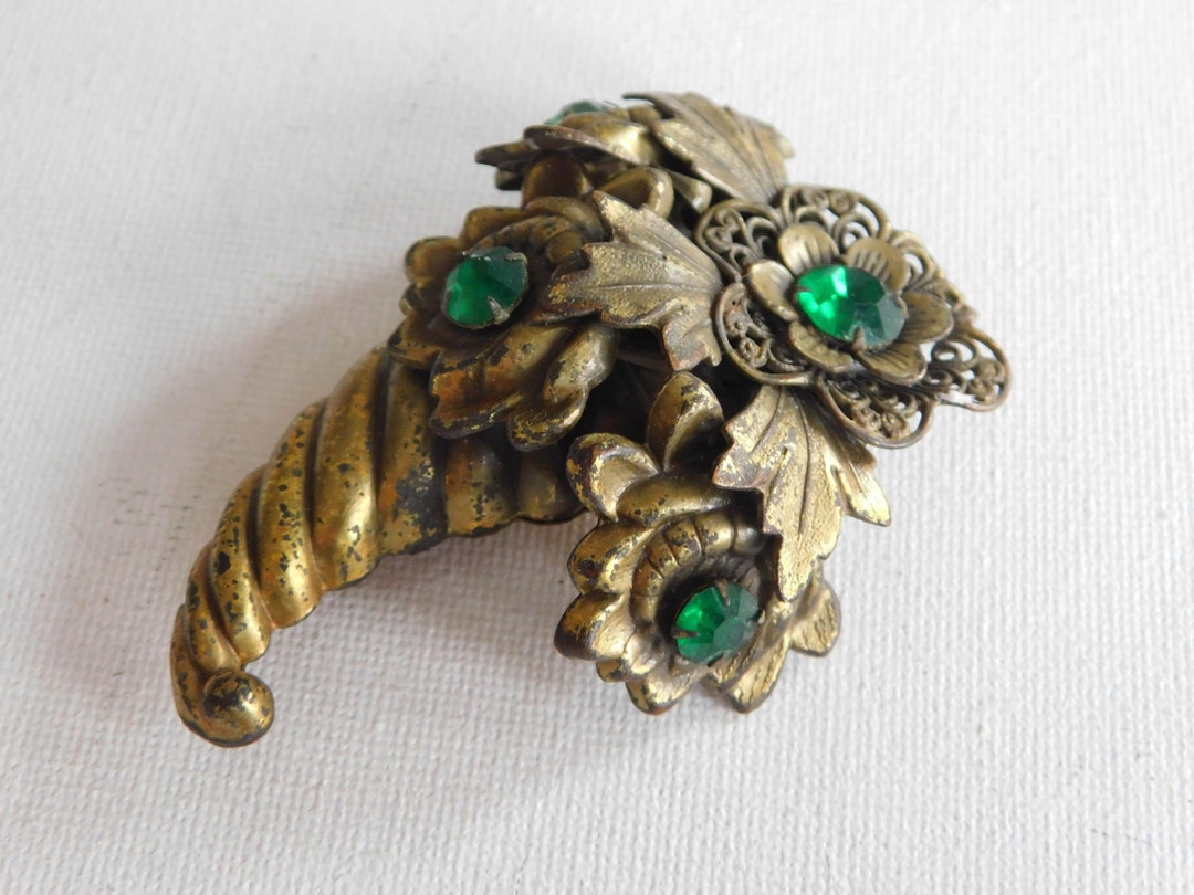 Large Brass Green Rhinestone Cornucopia Brooch - Etsy