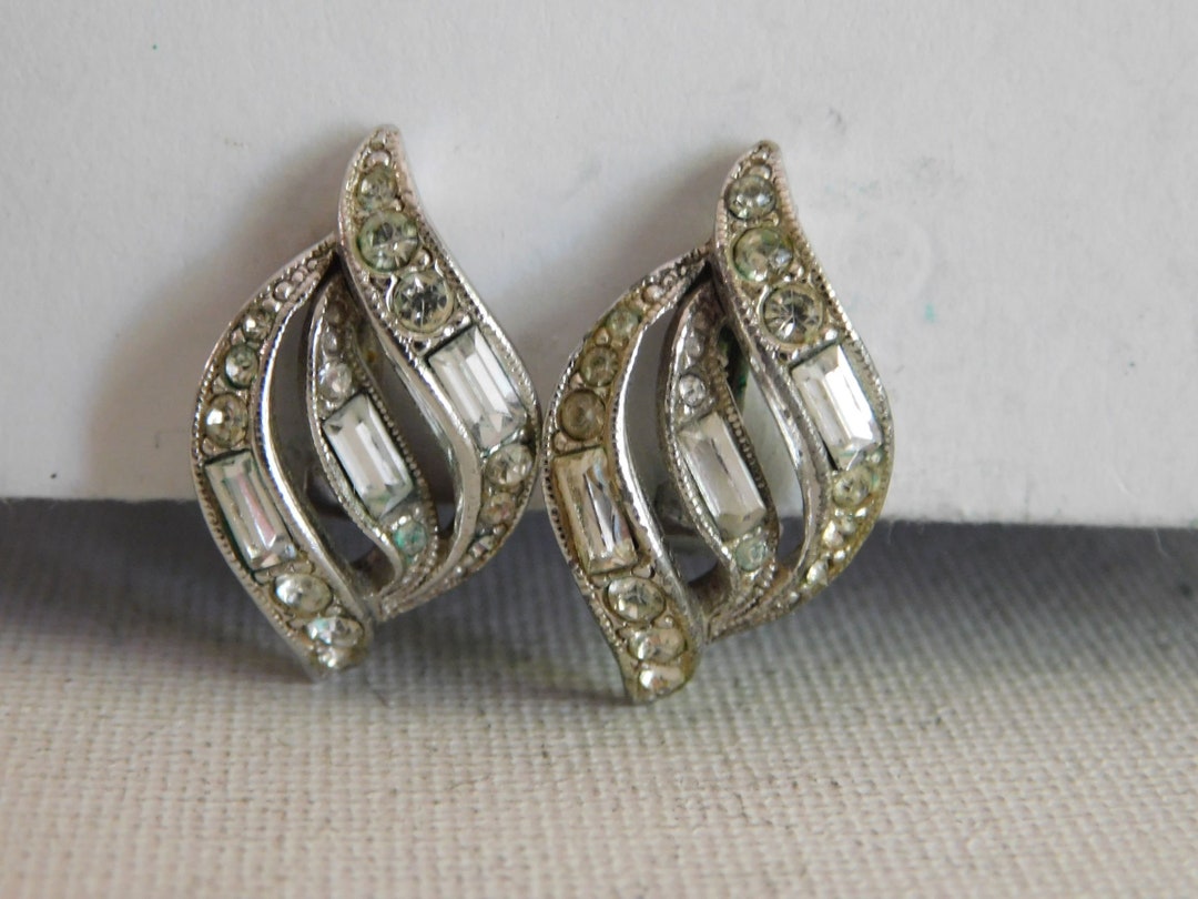 Silver Clear Rhinestone Wavy Clip on Earrings Signed Bogoff - Etsy