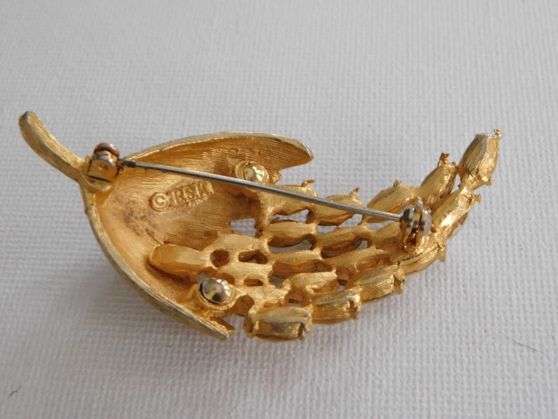 Brushed Gold Clear Rhinestone Leaf Stem Brooch Pin Signed BSK - Etsy